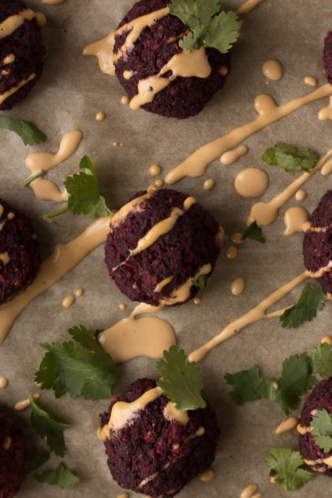 Lentil Walnut Beet Balls with Spicy Tahini Dressing - Flora & Vino