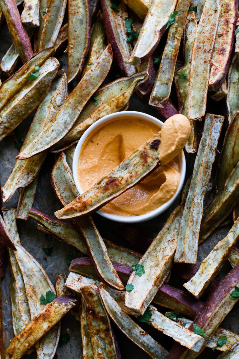 Tri-Spiced Yam Fries & Roasted Red Pepper Hummus - Flora & Vino