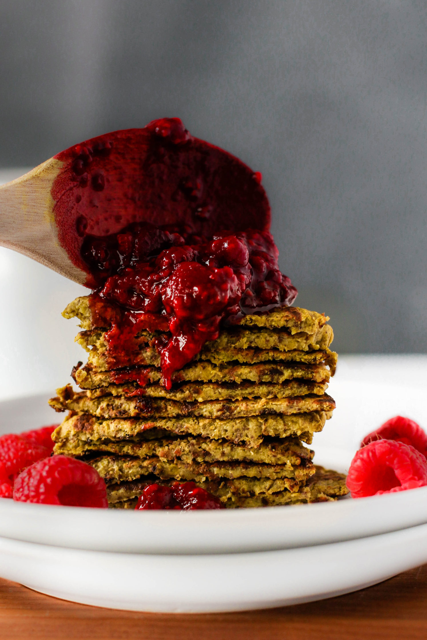 Golden Beet Protein Pancakes with Easy Raspberry Compote - Flora & Vino