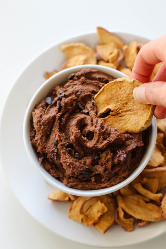 Date Sweetened Chocolate Hummus with apple chips by Flora & Vino