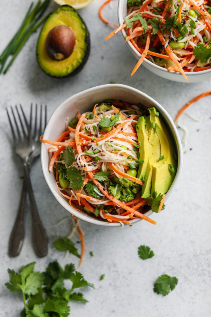 Rainbow Rice Noodle Bowls with Miso Tahini Dressing - Flora & Vino