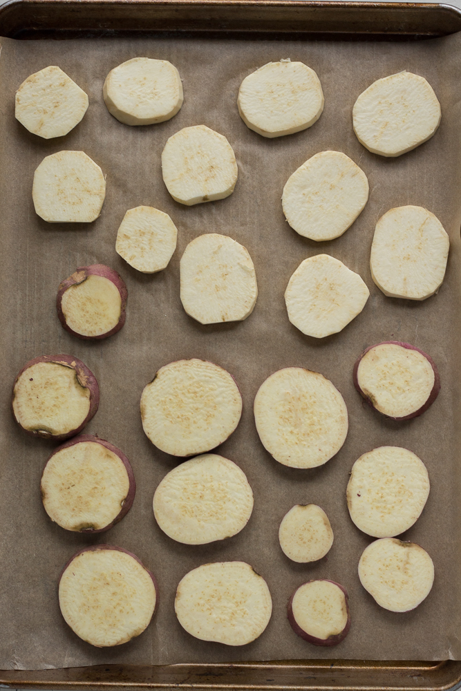 Japanese Yam Rounds with Hummus & Sriracha - Flora & Vino