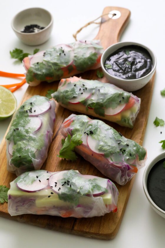 Rainbow Rice Paper Wraps with Black Sesame Sauce - Flora & Vino