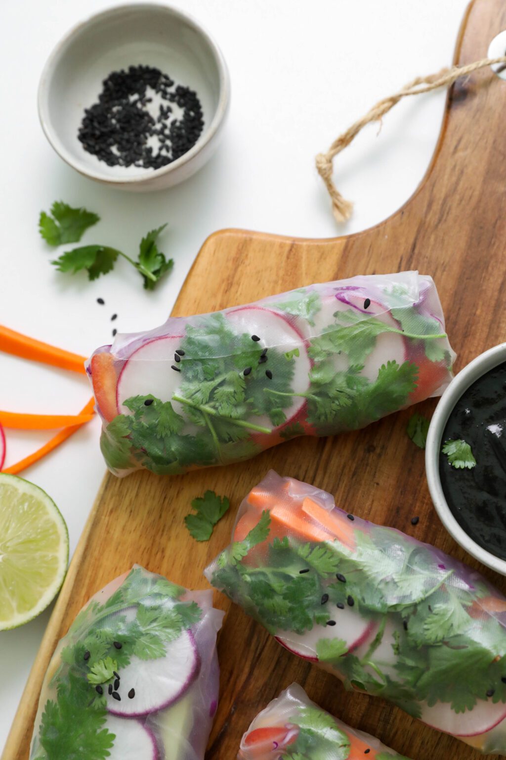 Rainbow Rice Paper Wraps with Black Sesame Sauce - Flora & Vino